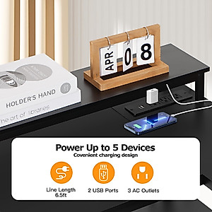 Panana L Shaped Gaming Desk with LED Lights & Power Outlets, Reversible Computer Desk with Stand & Shelves, Corner Desk Home Office Desk with USB Charging Port (Black)