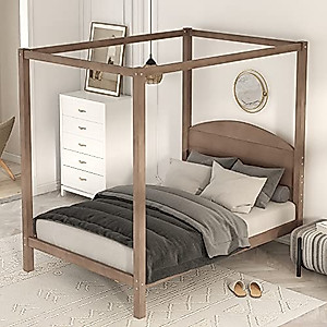 Canopy Bed Frame Full Wood 4-Poster Panel Beds Modern Full Size Platform Bed with Headboard, No Box Spring Needed, Brown Wash