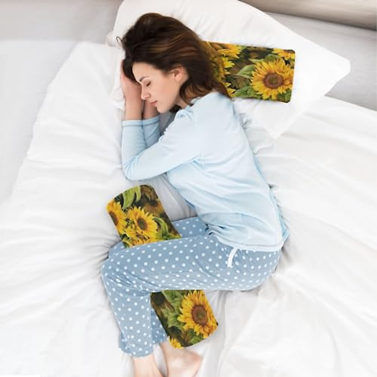 xigua Beautiful Sunflowers Neck Roll Pillow for Neck Relief with Removable Washable Cover - Memory Foam Round Cylinder Bolster, Ergonomically Designed for Head, Neck, Back, and Legs
