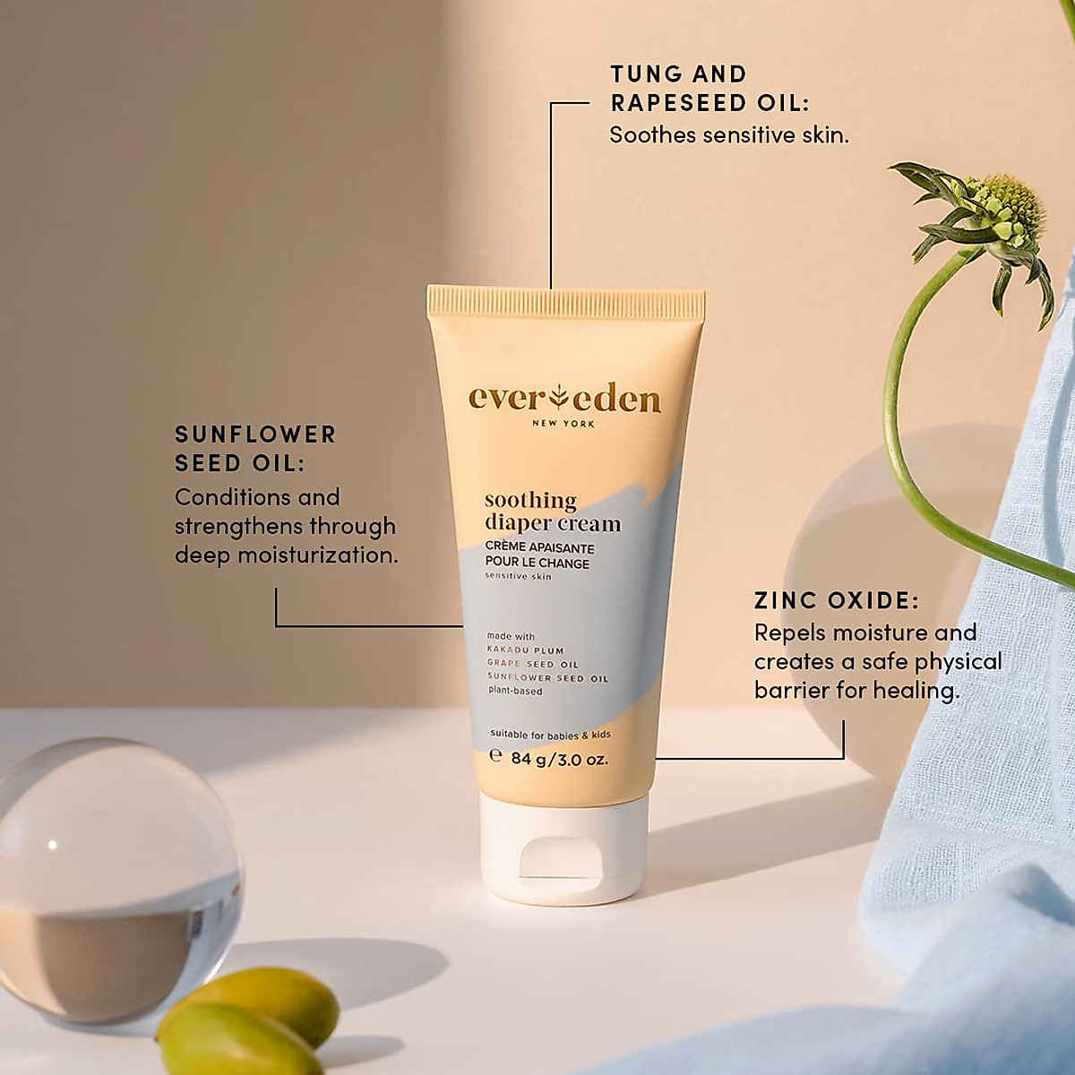 Evereden Soothing Diaper Rash Cream 3.0 oz | Clean and Unscented Diaper Care | Non-toxic and Fragrance Free