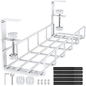Under Desk Cable Management Tray, 15.7'' White No Drill Steel Desk Cable Organizers, Wire Management Tray Cable Management Rack, Desk Cable Tray with Wire Organizer and Desk Cord Organizer