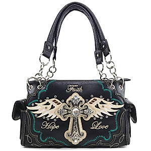 Justin West Cross Angel Wings Concealed Carry Handbag Purse (Black)