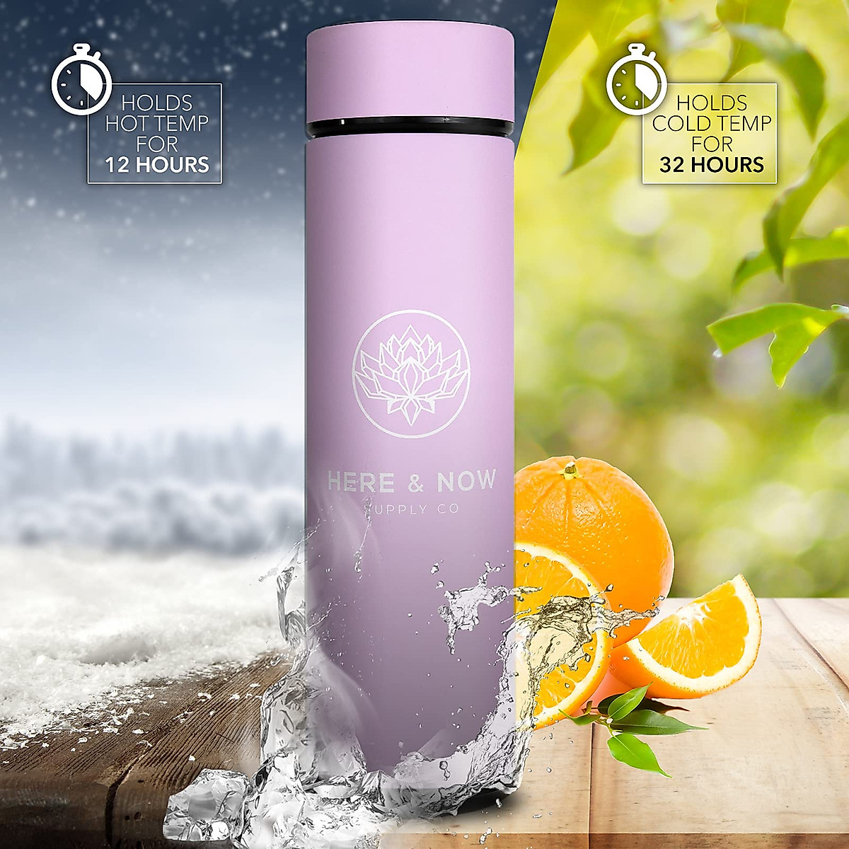 Multi-Purpose Travel Mug and Tumbler | Fruit Infused Flask | Hot & Cold Double Wall Stainless Steel Thermos | EXTRA LONG INFUSER | by Here & Now Supply Co. (Gentle Lilac)