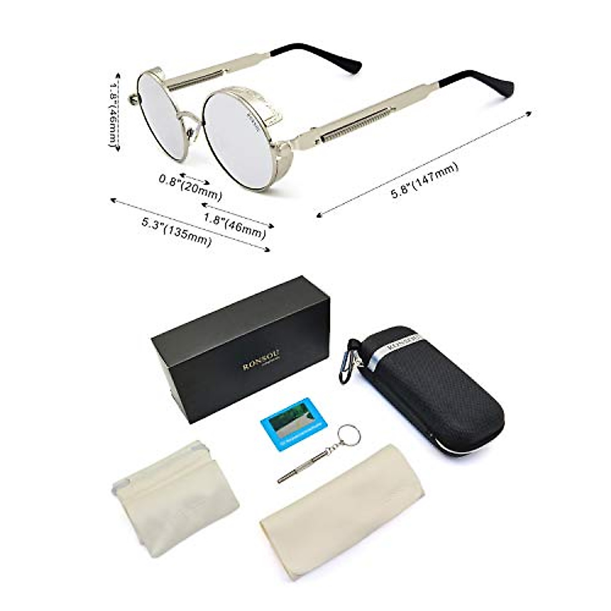 RONSOU Steampunk Style Round Vintage Polarized Sunglasses Retro Eyewear UV400 Protection Matel Frame Silver Frame Silver Lens