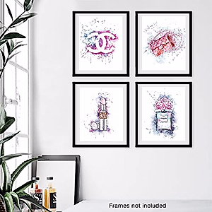 Fashion Glam Wall Art Decor Prints - Chanel Pink Wall Decor For Girls Bedroom Makeup Room - Glam Decor  Wall Posters - Perfume Handbag Makeup Art - Glam Fashion Wall Art Prints - Set of 4 (8x10) - Unframed