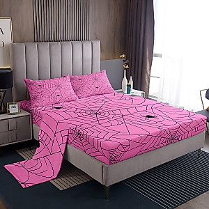 Pink Halloween Sheets Set Full Size Spider Web Bed Sheet Set for Boys Girls Children Spider Animal Bedding Set Pink Black Halloween Night Room Decor Bed Sheets with Deep Pocket Fitted Sheet 4Pcs