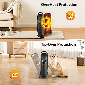 LifePlus Oil Filled Heater, 700W Portable Radiant Space Heater with Adjustable Thermostat, Electric Small Quiet Heater with Overheat Protection for Room Indoor Office, Black