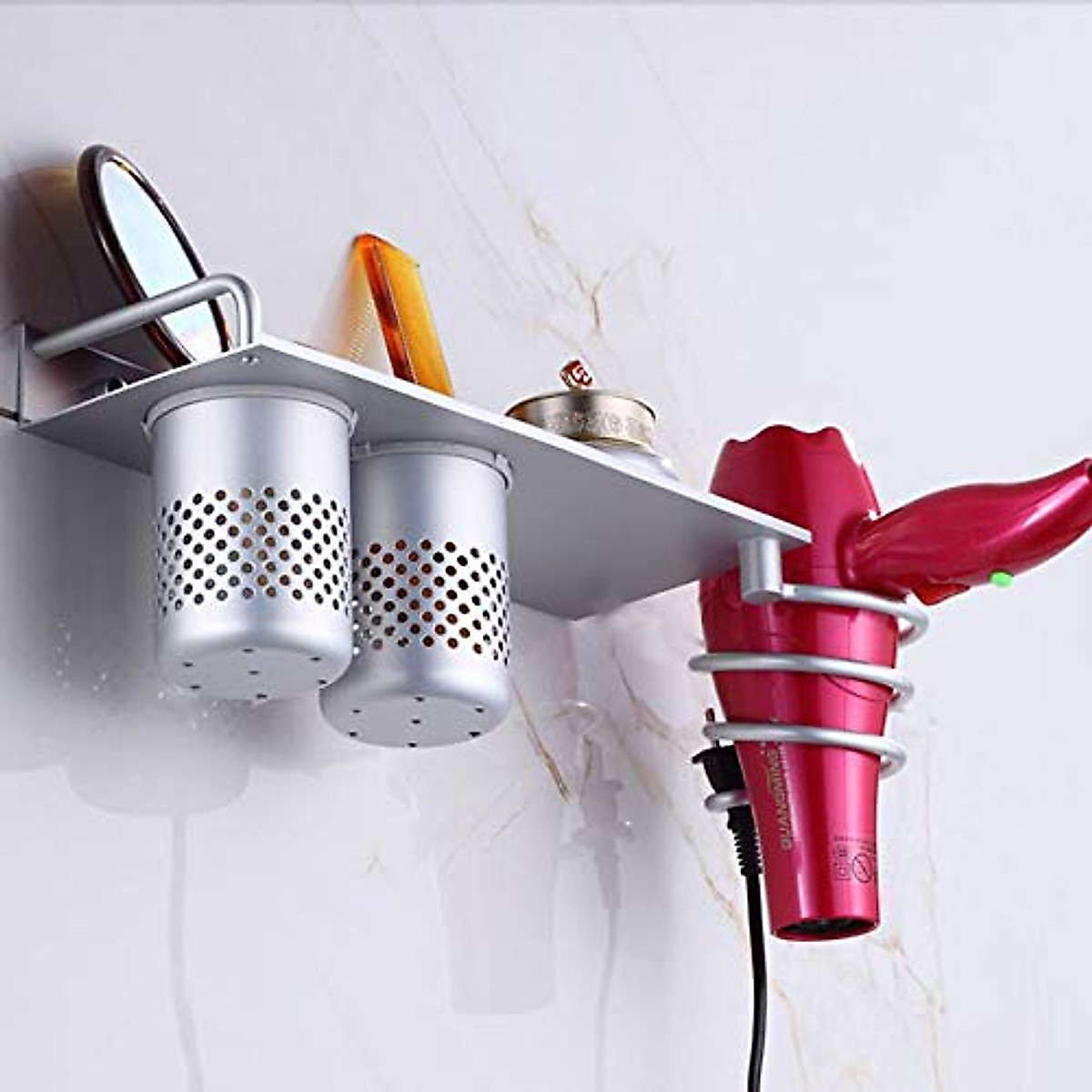 Cavoli Hair Blow Dryer Holder Wall Mounted,Space Aluminum, Nail Free Glue/ Drilling Screw, Bathroom Hanging Rack Organizer with 2 Cups