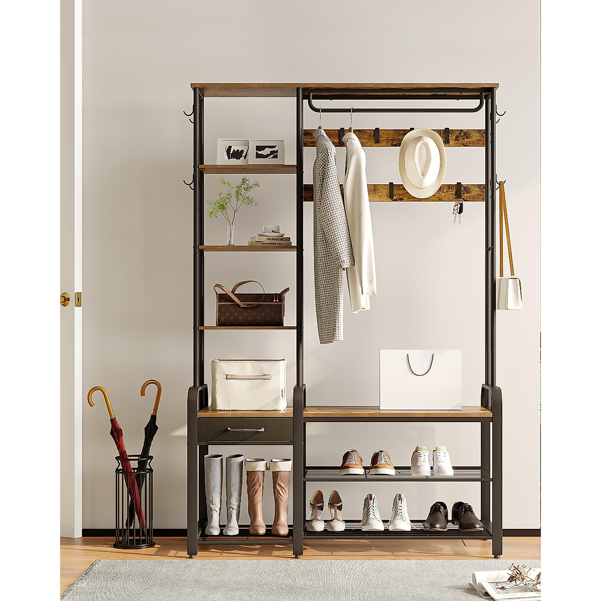 Hzuaneri Hall Tree, Coat Rack with 3-Tier Storage Bench and 1 Drawer, 5-in-1 Entryway Bench with 17 Hooks, 1 Hanging Rod, 4-Tier Side Shelves, Rustic Brown HT03501B