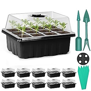 Sfee 10 Pack Seed Starter Tray Kit, 120 Cells Seedling Starter Trays with Humidity Dome and Base Greenhouse Growing Trays, Reusable Seedling Tray with Garden Tools Labels (Black)