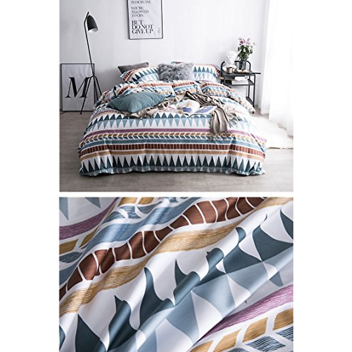 Bohemian Duvet Cover Striped Ethnic Boho Reversible Southwestern 400TC Cotton Bedding 3pc Set Navy White Orange Modern Geo Aztec Print (Teal Rust, King)