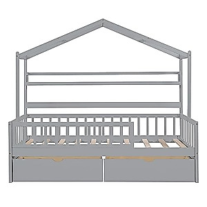 Harper & Bright Designs Twin House Bed with 2 Drawers, Wood Kids Bed Frame with Storage Shelf, Twin Size Montessori House Bed with Rails for Kids Girls, Boys,No Box Spring Needed,Grey