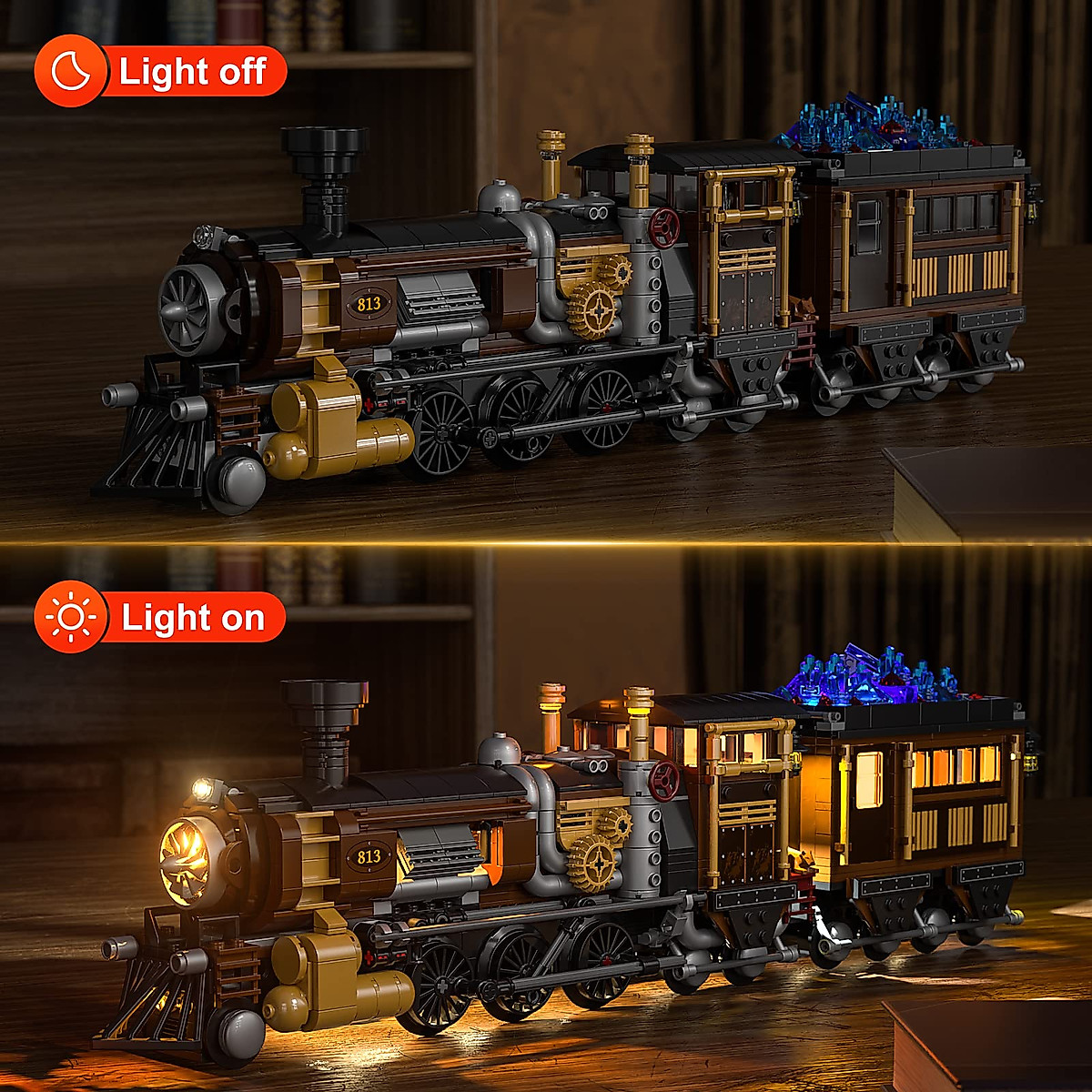 FUNWHOLE Train Lighting Building Bricks Set - Steampunk Ore Train LED Light Building Set 1056 Pieces for Adults and Teens