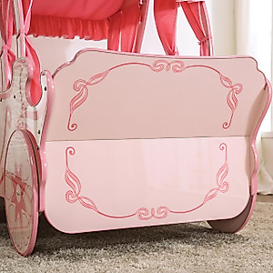 Furniture of America McHenry Twin-Size Kids Bed with Princess Carriage Design, Curtain and Slat Kit Included, Small Ladder, No Box Spring Required for Girls, Pink