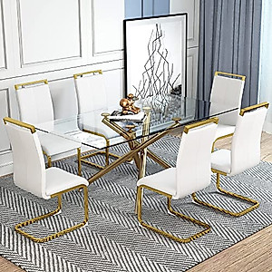 71 inch Glass Dining Table with Clear Rectangular Glass Top, 4 Chrome Golden Legs Modern Rectangular Glass Kitchen Table Furniture for Home Office Kitchen Dining Room, 6-8 People