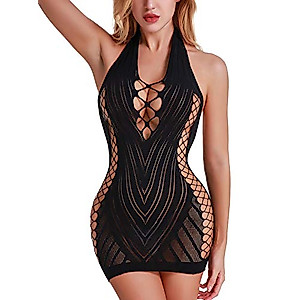 FasiCat Women Fishnet Babydoll Lingerie Chemise Halter Nightwear Mini Teddy Dress Black