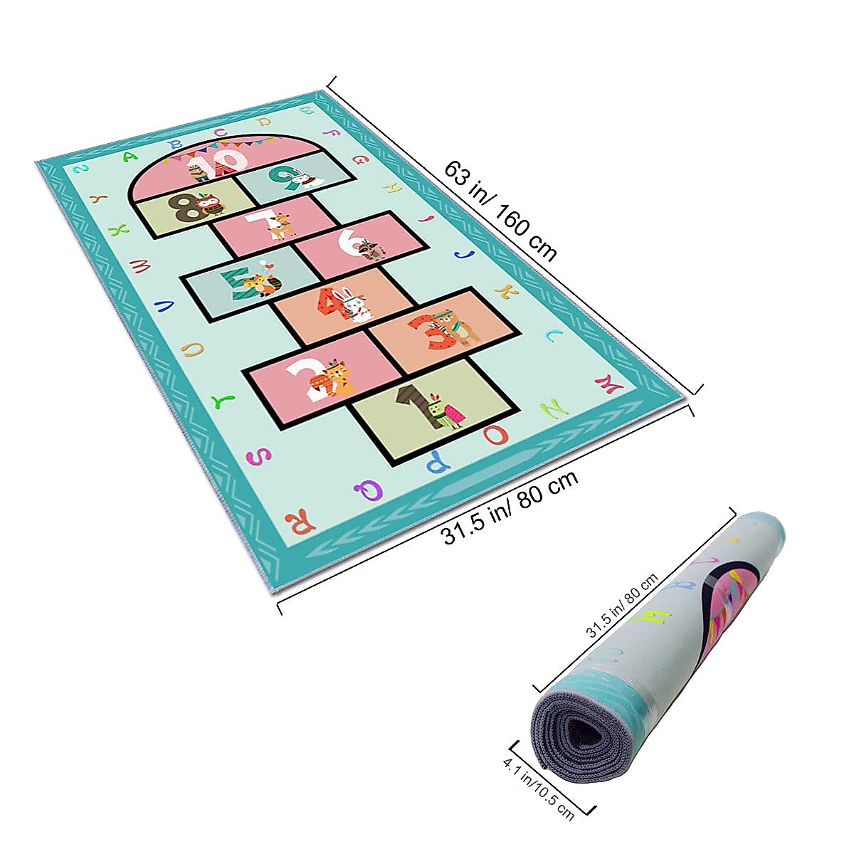 Hopscotch Rug 63”x31, Hop and Count Game Rug with Colorful Alphabet and Animals Design Anti-Slip Kids Play Mat, Soft Floor Area Rug & Carpet Playroom Bedroom Living Room
