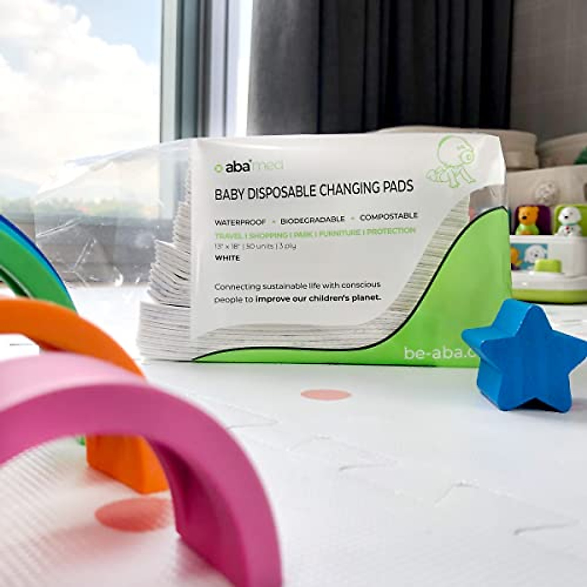 aba 50 Pack Compact Biodegradable Disposable Changing Pads Baby Disposable Underpads Waterproof Table Protector Mat, 18 Inch x 13 Inch