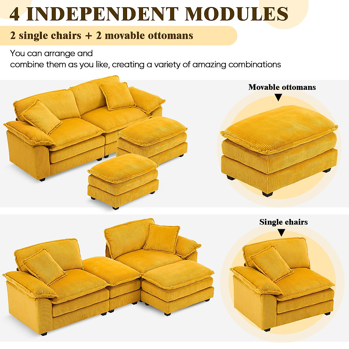 Chaise Longue Indoor with Movable Ottoman, 84.6" Modern Corduroy Loveseat Lounge Sofa Chair with Deep Seat, Upholstered L Shaped Modular Sectional Sofa Couches for Living Room, Apartment, Yellow