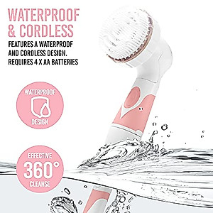 Brookstone 6 Piece Electric Body Bath Brush | Long Handled Body Scrubber and Facial Cleansing Brush | Battery Powered Shower Brush with 4 Spin Brush Heads