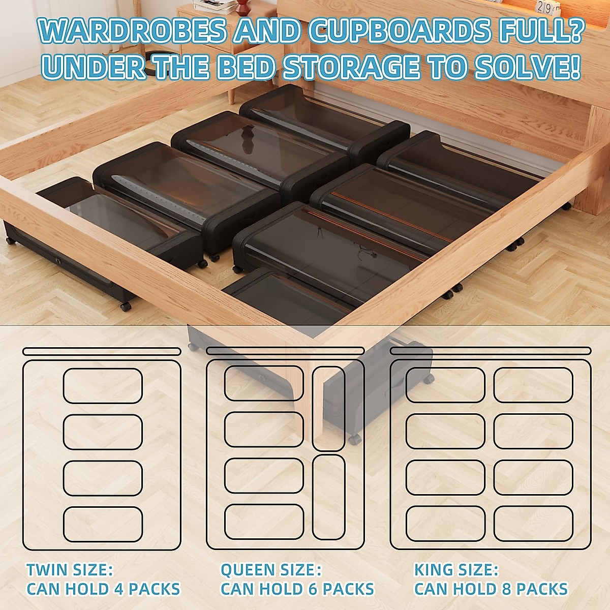 ROUTTOON Under Bed Storage, Under the Bed Storage Containers with Wheels, Under Bed Shoe Storage Organizer with Storage Bags, Rolling Underbed Storage Containers for Bedroom Clothes Shoes
