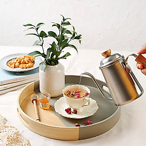 Kiwi Homie 13.78" Dia Spun Bamboo Serving Tray, Round Tray with Handles, Round Ottoman Tray, Semi Grey for Coffee Table, Serving Food on Home Dining Table, Restaurant (Grey)