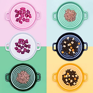 Lakerwin Ceramic Cat Bowl, Whisker Fatigue Relief Cat Food Dish, Shallow Wide Pet Feeding Plate for Cat, Kitten and Kitty, Short Legged Munchkin Cat, Pink & White