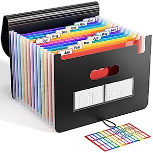 ABC life 12 Pockets Accordion File Organizer Expanding File Folders, Portable Letter A4 Size Filing Box, Plastic Monthly Bill Receipt Document Organizer, Expandable Accordian Folder with Colored Tabs