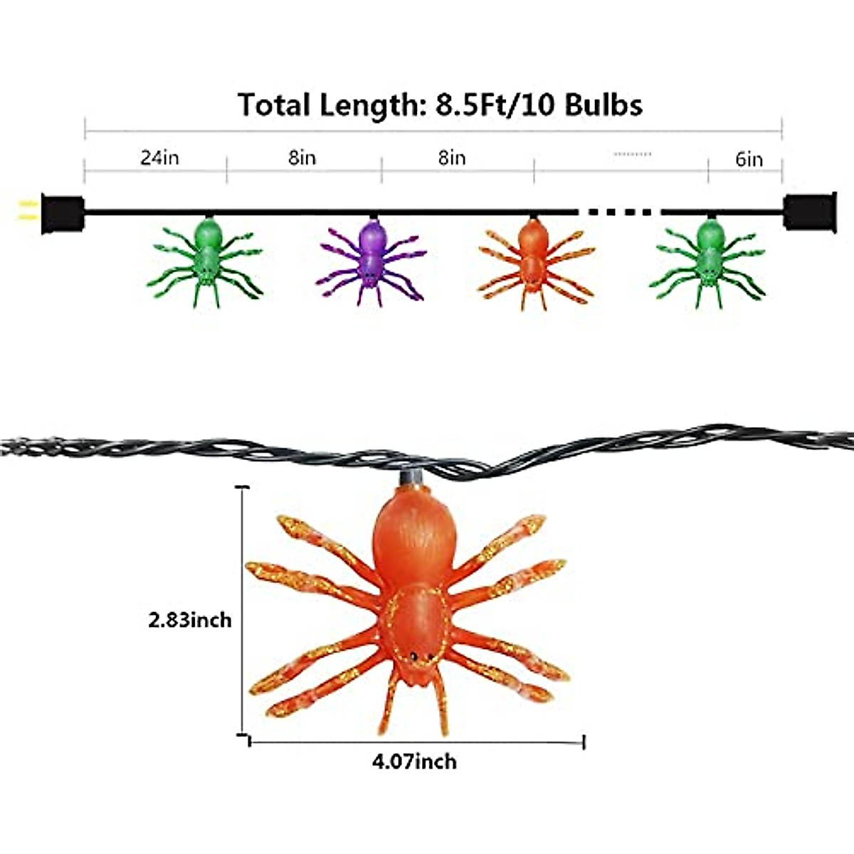 SUNSGNE Halloween Spider String Lights, 8.5Ft Halloween String Lights with 10 Spider Lights, Plug in Hanging Halloween String Lights for Halloween Party, Curtain, House, Garden, Yard, Halloween Decor