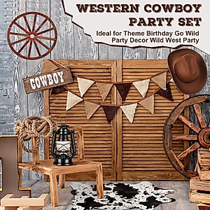 Yuefunny 7 Pcs Western Cowboy Party Decorations Cowhide Rug Wooden Wagon Wheel Brown Cowboy Hat Cast Iron Horseshoe Kerosene Lamp Golden Rope for Theme Birthday Go Wild Party Decor Wild West Party