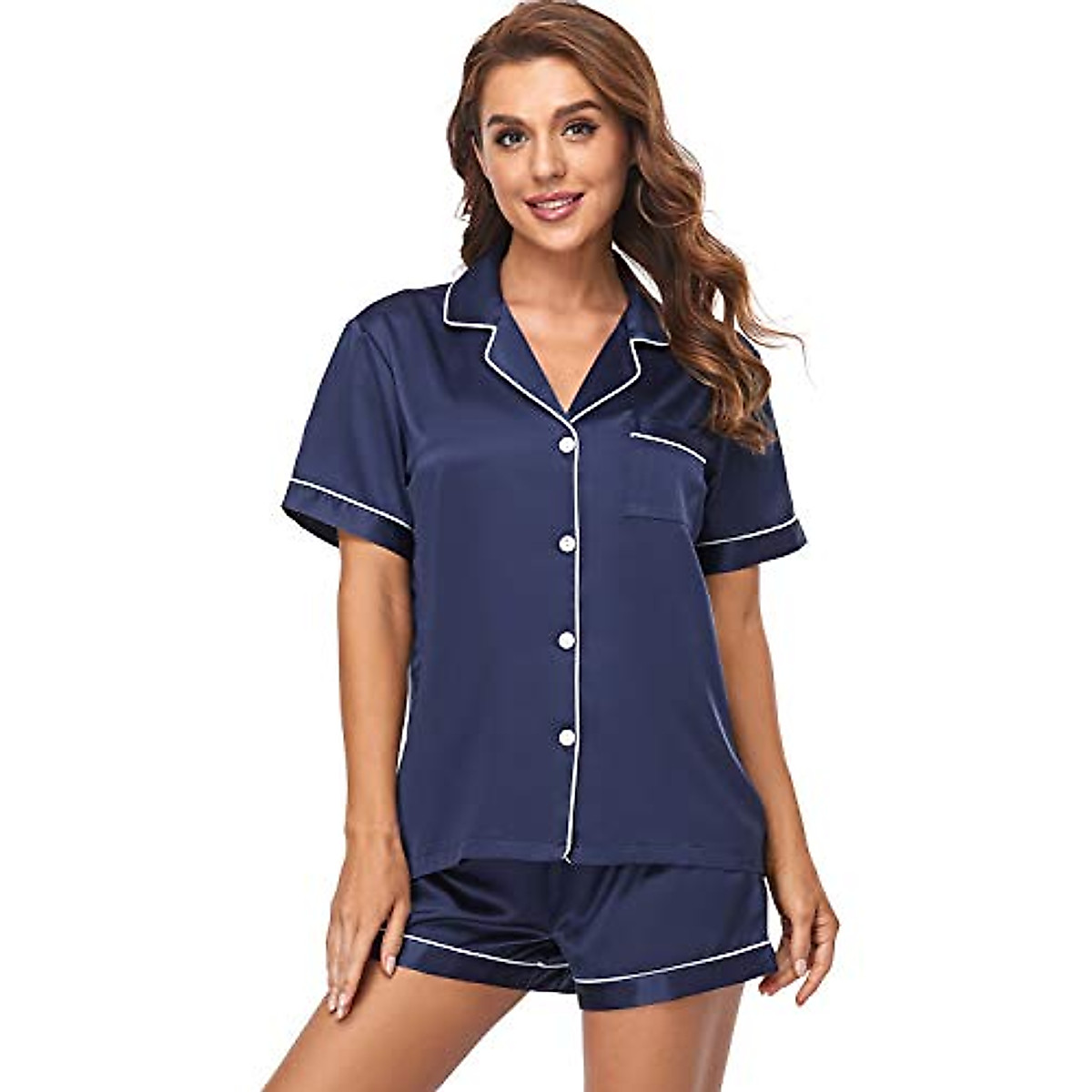 Serenedelicacy Women's Satin Pajama Set 2-Piece Sleepwear Loungewear Button Down Short Sleeve PJ Set (Medium, Navy Blue)