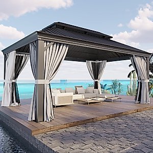 oneinmil 12x16FT Outdoor Gazebo, Heavy Duty Metal Double Roof Hardtop Gazebo with Aluminum Frame and Netting and Curtains for Patios