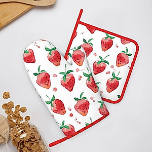 Strawberry Oven Mitts,Strawberry Pot Holders Sets Cute,Kitchen Resistant Hot Pads with Polyester Non-Slip BBQ Gloves for Kitchen, Cooking, Baking,Grilling Oven Glove