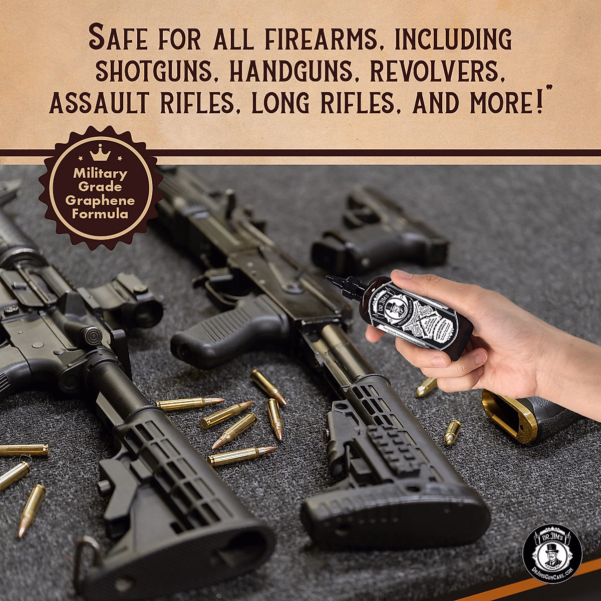 Dr. Jim's Prescription Gun Cleaner Lubricant and Protectant. Targets Carbon, Metals & Residue While Creating a Protective Barrier in and Outside of Your Gun. Made in USA