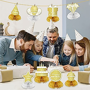 Gold White Happy Birthday Decorations Table Centerpieces for Women Men, 8Pcs White Gold Birthday Honeycomb Centerpieces Party Supplies, 10th 16th 21st 30th 40th 50th 60th Bday Table Toppers Sign Decor