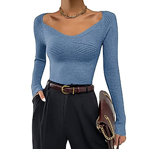 Women V Neck Sexy Crop Sweater Pullover Long Sleeve Ribbed Knit Fitted Slim Casual Tops Blue