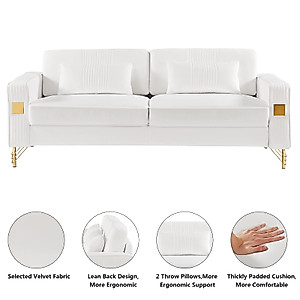 Betoko Velvet Upholstered Sofas Couches for Living Room Modern Contemporary Channel Tufted Beige 3 Seater Sofa Couch with Golden Metal Legs for Bedroom Office and Small Spaces (White)
