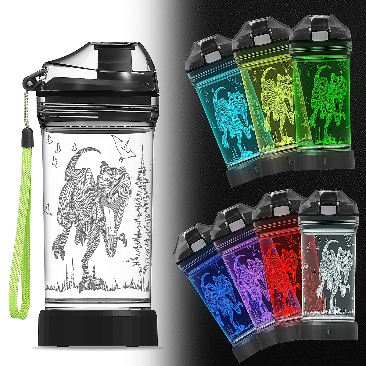 Ammonite Dinosaur Water Bottle for Kids 3D Glowing LED Light T-rex 14 OZ Tritan BPA Free - Creative Ideal Travel Cup Dinosaur Jurassic Gift for School Kid Boy Child Holiday Camping Picnic