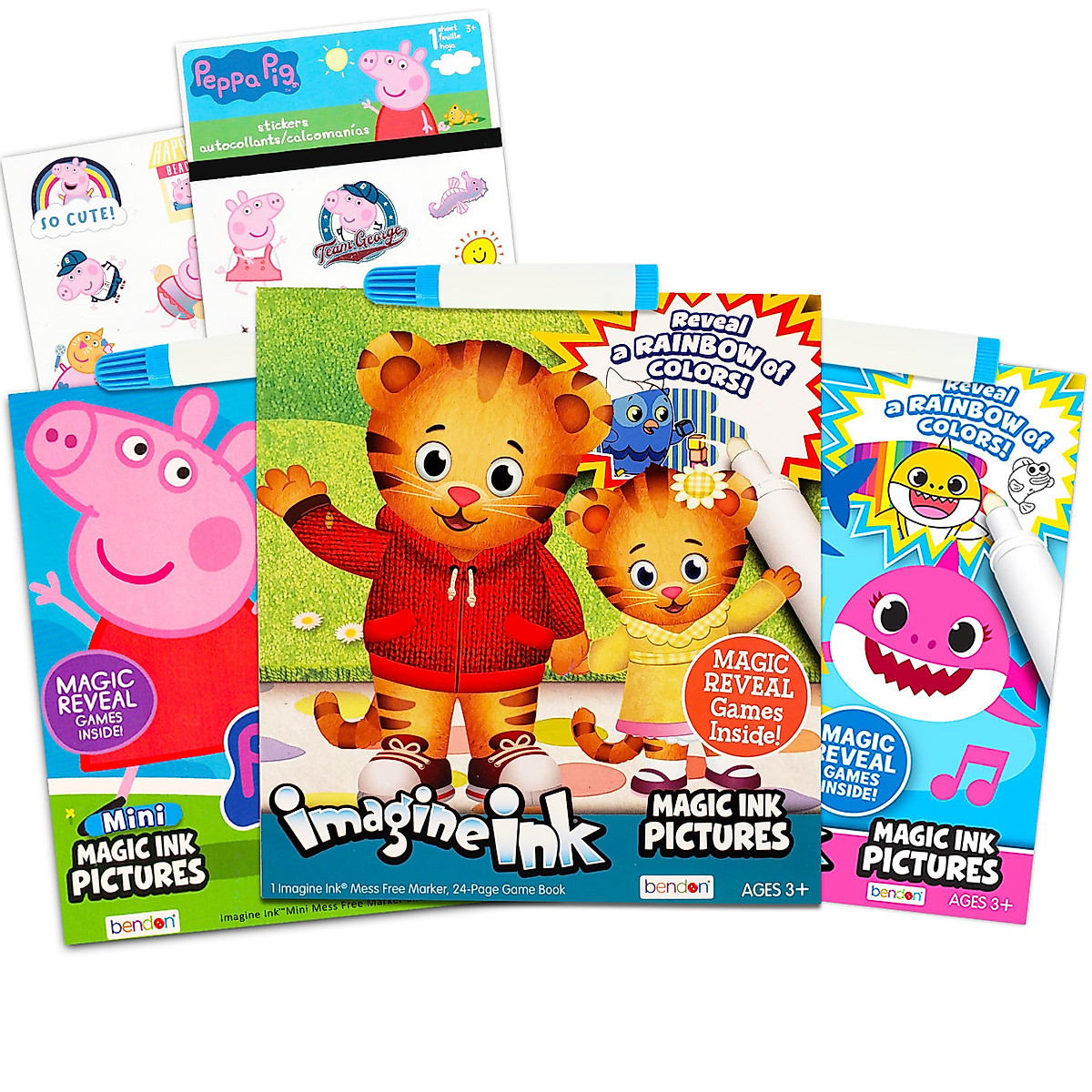 Imagine Ink Coloring Book Bundle ~ 3 Pack No Mess Magic Ink Activity Books with Daniel Tiger, Peppa Pig, and Baby Shark with Peppa Pig Stickers