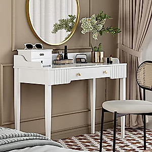 ukorua White Vanity Desk Wooden Desk with Drawer Modern Desk Computer Desk White Makeup Table with Gold Handle (White)