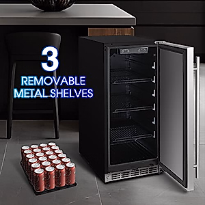 HCK Beverage Refrigerator 15 Inch, Under Counter Beverage Fridge with Stainless Steel Door, 3.18 cu.ft Built-in and Freestanding Outdoor Mini Fridge for Patio, Outdoor Kitchen, Soda and Beer