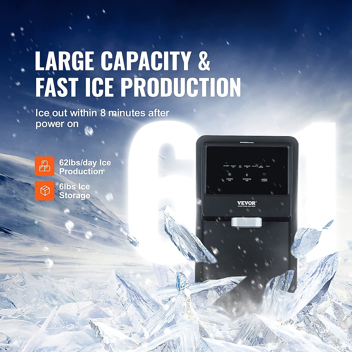 VEVOR Nugget Ice Maker, 62lbs in 24 Hours, Auto Dispense Self Cleaning Countertop Nugget Ice Dispenser for Home Kitchen Office Party, 6lbs Storage Capacity, 2 Ice Making Modes