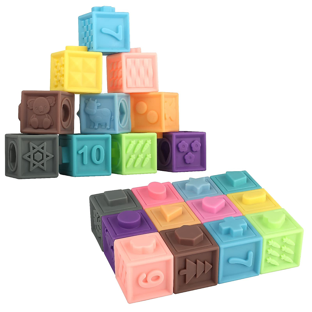 MORNSUNO Baby Blocks 6 to 12 Months,Soft Building Blocks for Babies 6 Months and up, Stacking Teething & Squeezing Toys for Infants Toddlers, Cube Blocks with Numbers Animals Fruits Textures