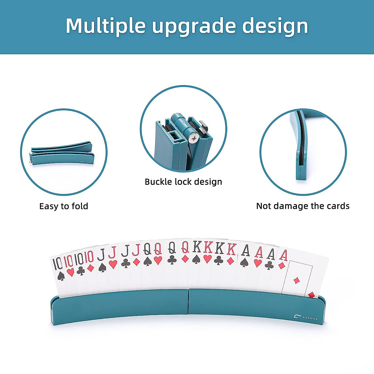 Fanwer Card Holders for Playing Cards (Set of 4), Playing Card Holders for Seniors Kids, Hands-Free Curved Foldable Plastic Card Holders, 2 Blue 2 Green, 13.4'' Long