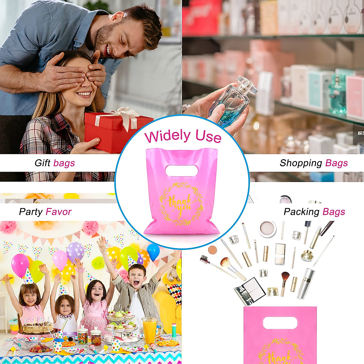 TOSPARTY 100 PCS 3 Sizes Thank you Plastic Merchandise Bags Shopping Bags with Handle Retail Bags Gift Bags for Boutique Die Cut Bags for Small Business Thanksgiving Day bags