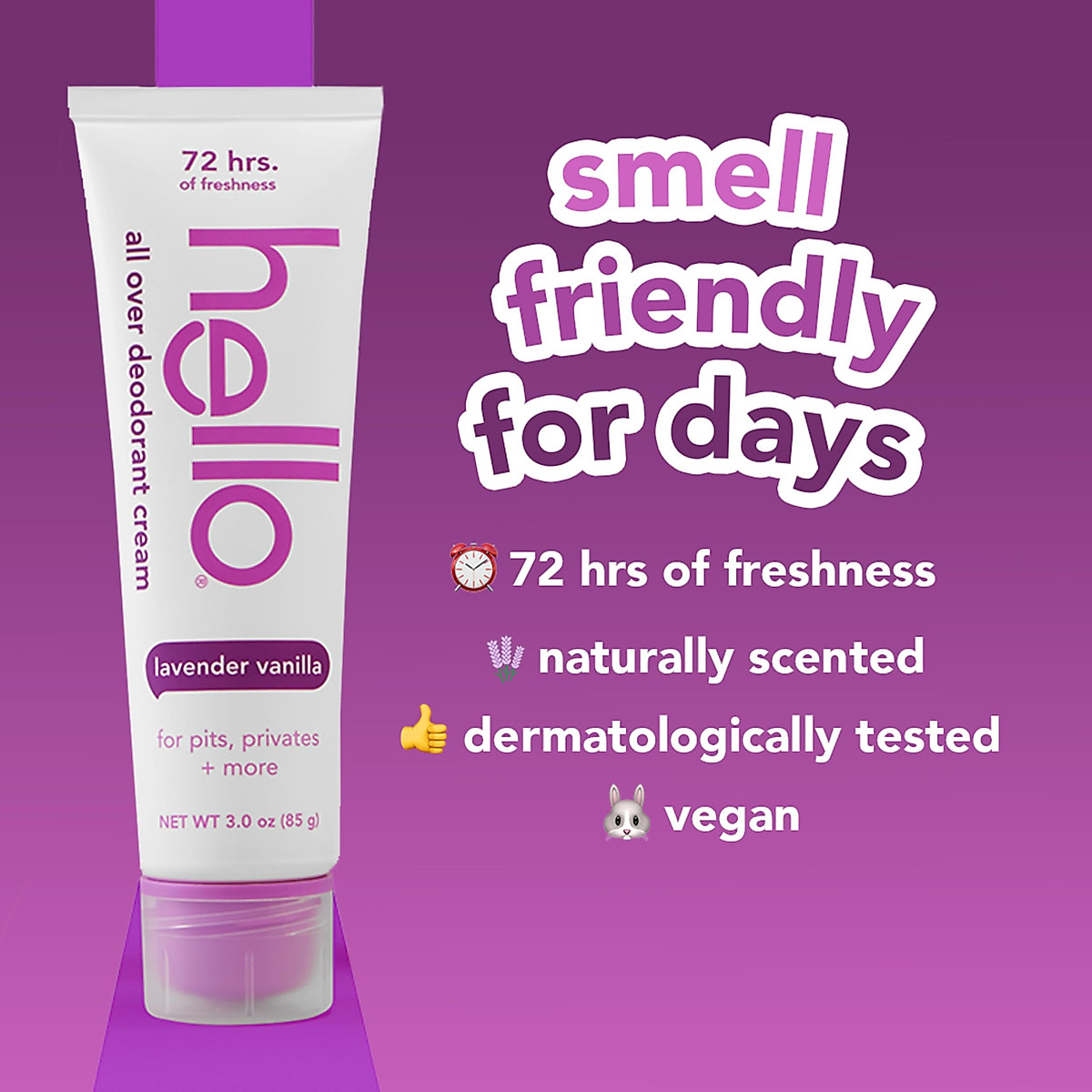 hello All Over Lavender Vanilla Whole Body Deodorant Cream, Aluminum Free Deodorant Cream for Pits, Privates + More, Offers 72 Hours of Freshness, Safe for Sensitive Skin, Vegan, 1 Pack, 3 Oz Tube