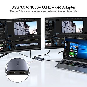 Qwiizlab USB 3.0 to Dual HDMI Adapter, 1080P@60Hz Video Converter, Only Support Windows 7/8/10/11, Only Support A-B-B Extend Mode, USB-A Data Port, 3.5mm Audio Port