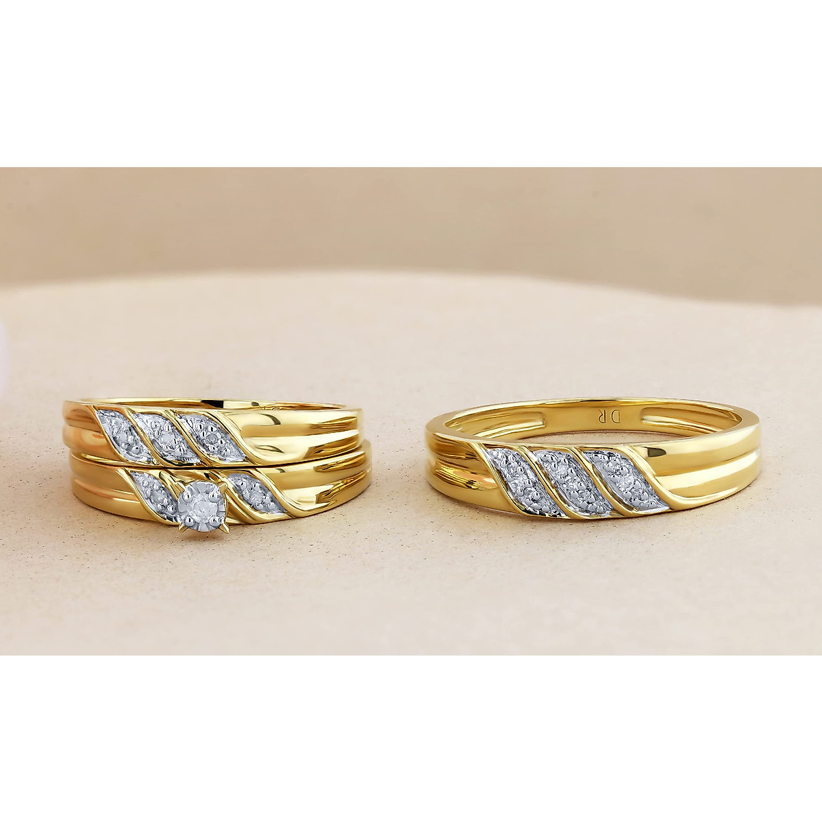 Dazzlingrock Collection 0.10 Carat Round White Diamond Illusion Wedding Trio Ring Set in Yellow Gold Plated Sterling Silver, Women size 10 and Men size 10.5