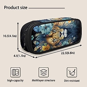 Pinupub 3 In 1 Kids Backpack Set Blue Lion Flowers Print 17 Inch Large Elementary School Bag With Lunch Bag And Pen Bag