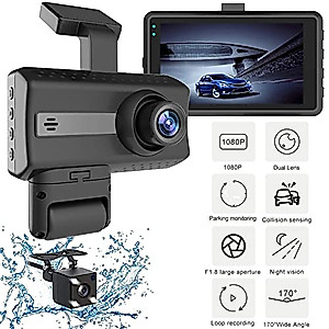 3.5 Inch IPS Screen Car Dash Cam, 1080P FHD DVR Dash Cam Front and Rear, 170° Wide Angle Dashboard Camera, Night Vision, Loop Recording, Dash Camera for Cars, Parking Monitor, Built in G-Sensor (A)